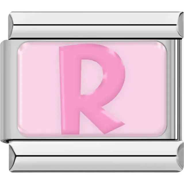 Pink letter "R" on light pink background Italian charm bracelet link